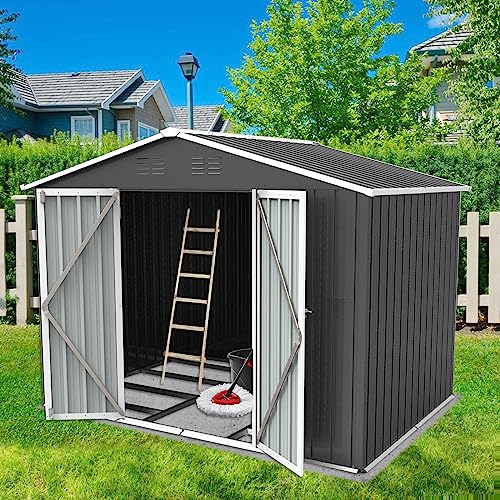 Zevemomo 8 x 6 ft Outdoor Storage Shed, All Weather Tool Shed with Metal Foundation & Lockable Doors, Metal Shed Outdoor Storage for Garden, Patio, Backyard, Lawn, Grey