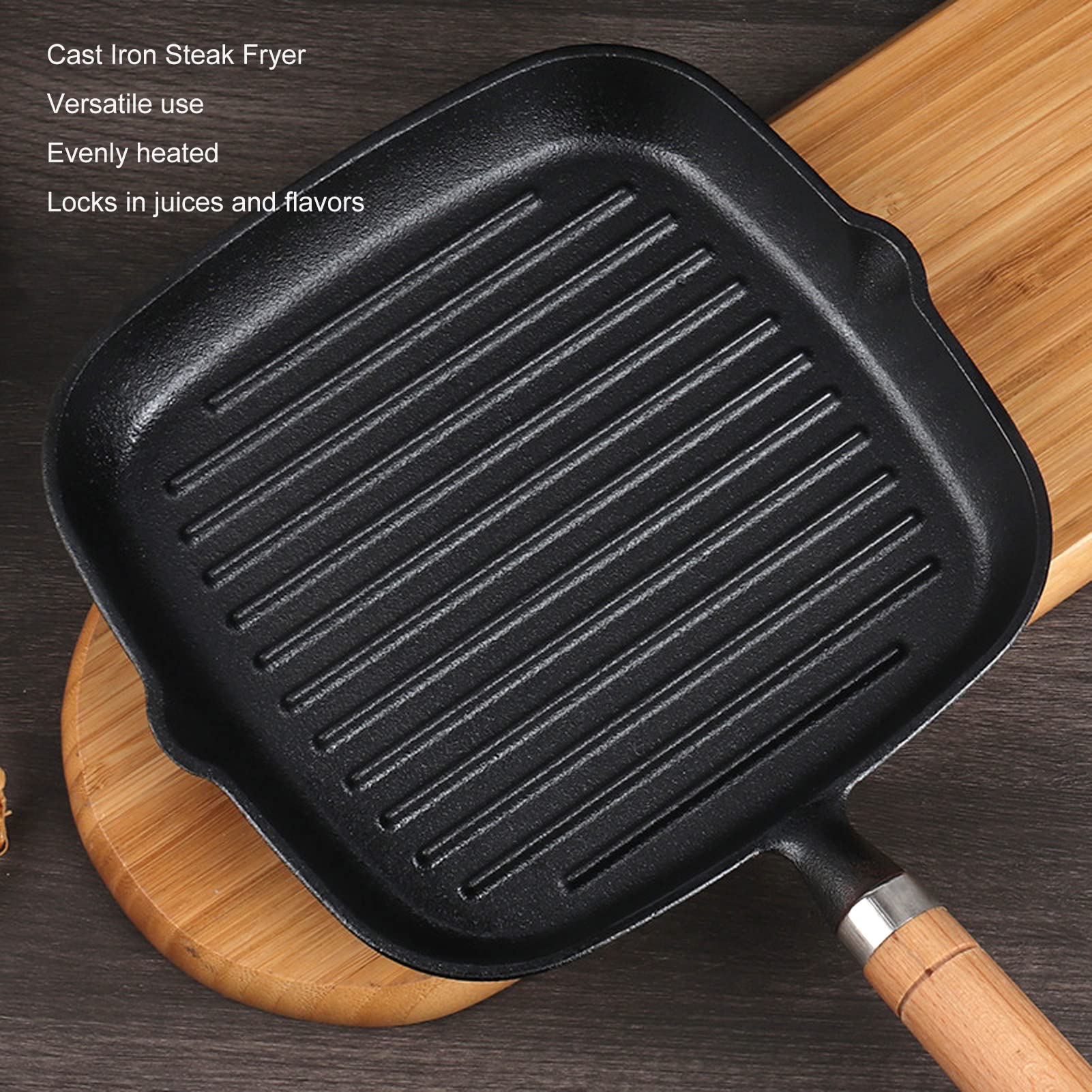 Cast Iron Grill Pan,Square Nonstick Grill Pan,Multipurpose Prevents Stick Quadrate Steak Pan,Stove Top Grill Pan with Detachable Wooden Handle for Bacon Steak Onion