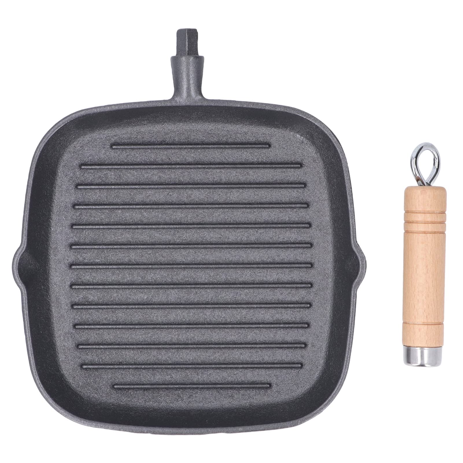Cast Iron Grill Pan,Square Nonstick Grill Pan,Multipurpose Prevents Stick Quadrate Steak Pan,Stove Top Grill Pan with Detachable Wooden Handle for Bacon Steak Onion