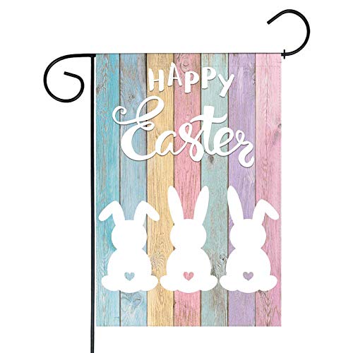 Funnytree Happy Easter Garden Flag Bunny Colorful Wooden Board Outdoor Decor Spring Rabbit Yard Flags Farmhouse Decoration Vertical Double Sided 12x18in