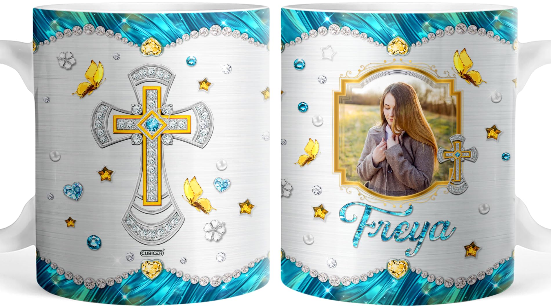 White Ceramic Coffee Mug Photo Mugs Personalized Picture Christian Custom Name Faith Birthday Gifts For Women Mom Mothers Day Novelty Tea Cup Table Desk Jewelry Style 11 and 15 Oz