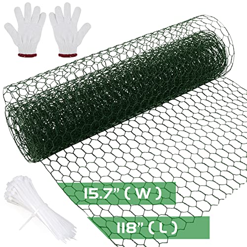 Aboofx Green Chicken Wire Netting, 118 x 15.7 in Chicken Wire for Foral Arrangements, Garden Poultry Chicken Wire Mesh, Hexagonal PVC Coated Galvanized Iron Wire, with 50 Zip Ties and 1 Pair of Glove