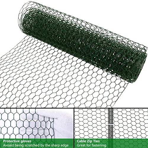 Aboofx Green Chicken Wire Netting, 118 x 15.7 in Chicken Wire for Foral Arrangements, Garden Poultry Chicken Wire Mesh, Hexagonal PVC Coated Galvanized Iron Wire, with 50 Zip Ties and 1 Pair of Glove