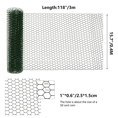 Aboofx Green Chicken Wire Netting, 118 x 15.7 in Chicken Wire for Foral Arrangements, Garden Poultry Chicken Wire Mesh, Hexagonal PVC Coated Galvanized Iron Wire, with 50 Zip Ties and 1 Pair of Glove