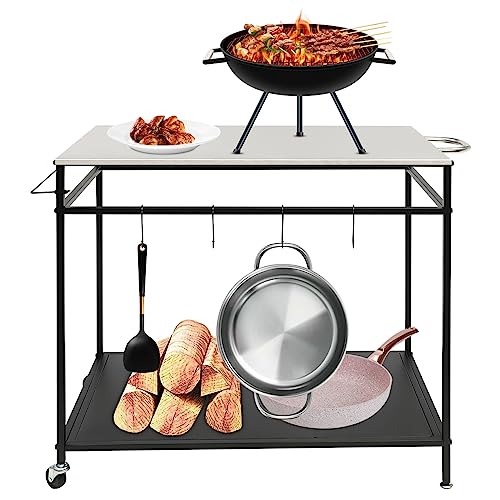CNCEST Outdoor Grill Cart, Double-Shelf Movable Cooking Table, Outdoor Dining Cart with Storage and on Wheels, Stainless Steel Tray Kitchen BBQ Food Prep Table for Grill,Dining Cart Table-Silvery