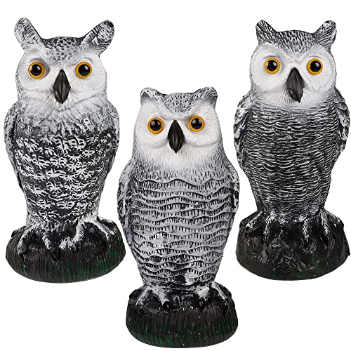 Hausse 3 Pack Fake Horned Owl Decoy, Plastic Owl, Halloween Decoration for Outdoor Garden Yard, White & Black