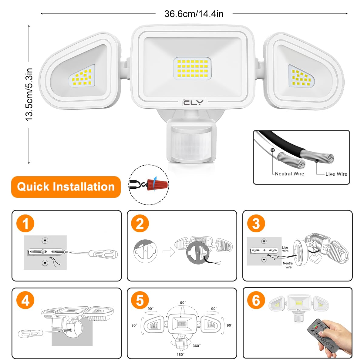 CLY 42W LED Security Lights Motion Sensor Light, 3600LM 5000K, IP66 Waterproof Outdoor Flood Lights, Adjustable Brightness 3 Head Floodlight Remote Control 4 Modes for Garage Yard Eave -White