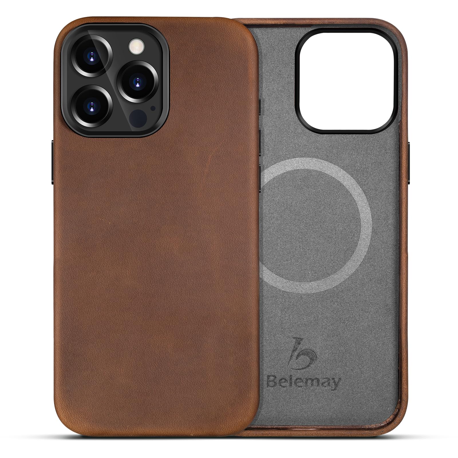 Belemay Compatible with iPhone 15 Pro Max Leather Case Magsafe-Top Grain Vintage Crazy Horse Leather-Metal Buttons Camera Bezel-Slim Fit-Precision Crafted Premium Phone Cover (6.7-inch)-Retro Brown