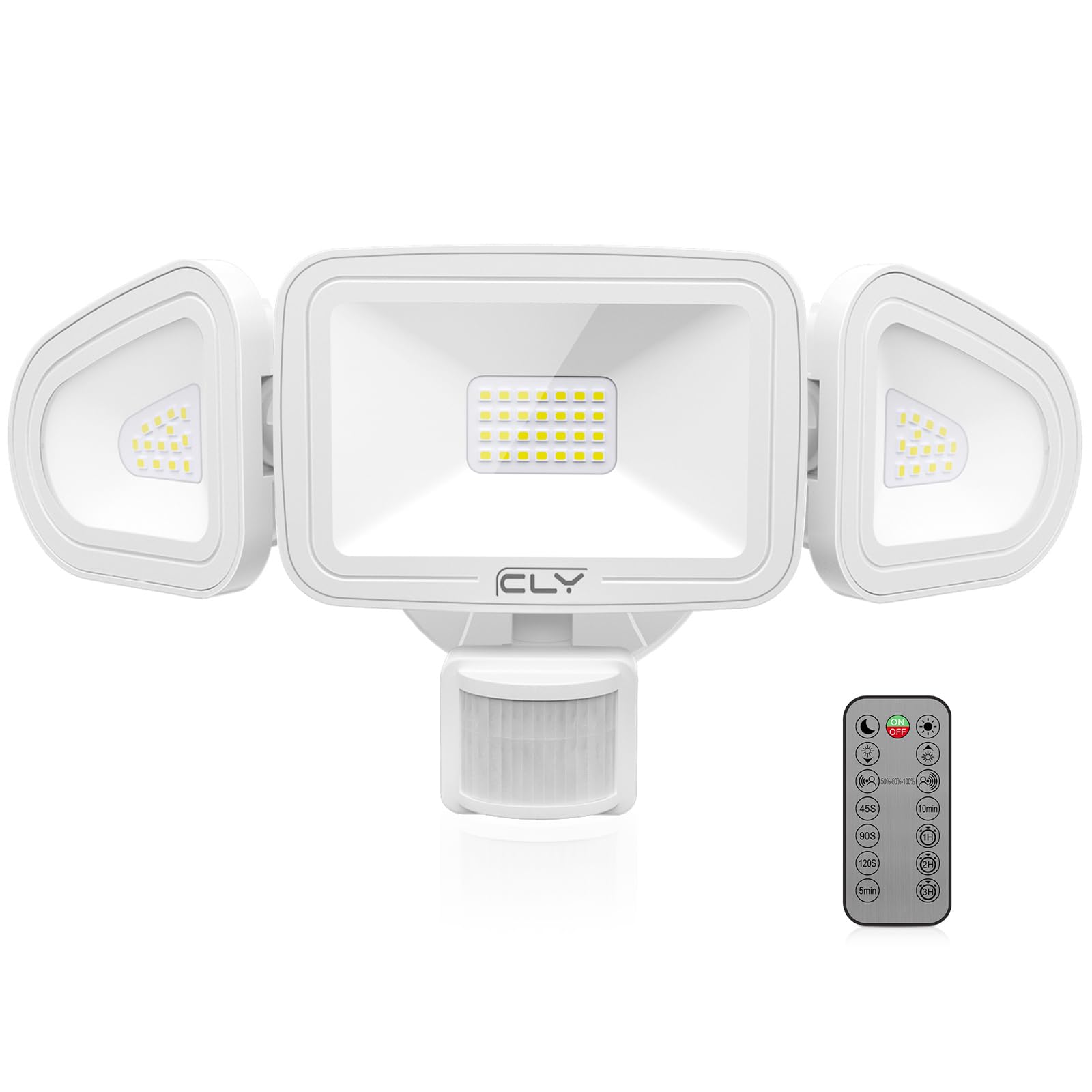 CLY 42W LED Security Lights Motion Sensor Light, 3600LM 5000K, IP66 Waterproof Outdoor Flood Lights, Adjustable Brightness 3 Head Floodlight Remote Control 4 Modes for Garage Yard Eave -White
