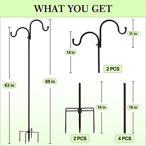 KENNEDICH Double Shepherds Hooks 2 Pack Bird Feeder Holder 63"/47"/32" Adjustable, Heavy Duty Outdoor Hummingbird Feeder Stand Pole Shepherd Hooks for Hanging Plant Baskets,Lanterns,Wedding Decor