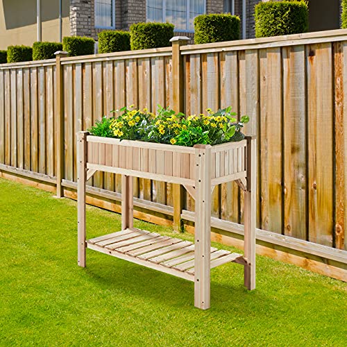 AMERLIFE Raised Garden Bed with Legs 36.3x36.3x24 Inch Herb Planter with Divider Liner Flower Herb Wood Planter with Storage Shelves for Backyard Patio Extra Gloves 3 Tools 8 Grow Area 20 T-Tag