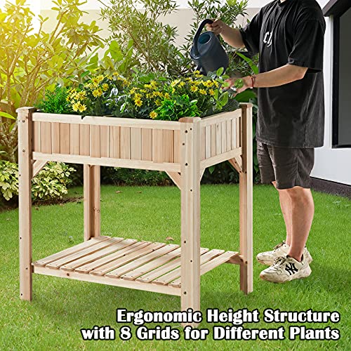 AMERLIFE Raised Garden Bed with Legs 36.3x36.3x24 Inch Herb Planter with Divider Liner Flower Herb Wood Planter with Storage Shelves for Backyard Patio Extra Gloves 3 Tools 8 Grow Area 20 T-Tag
