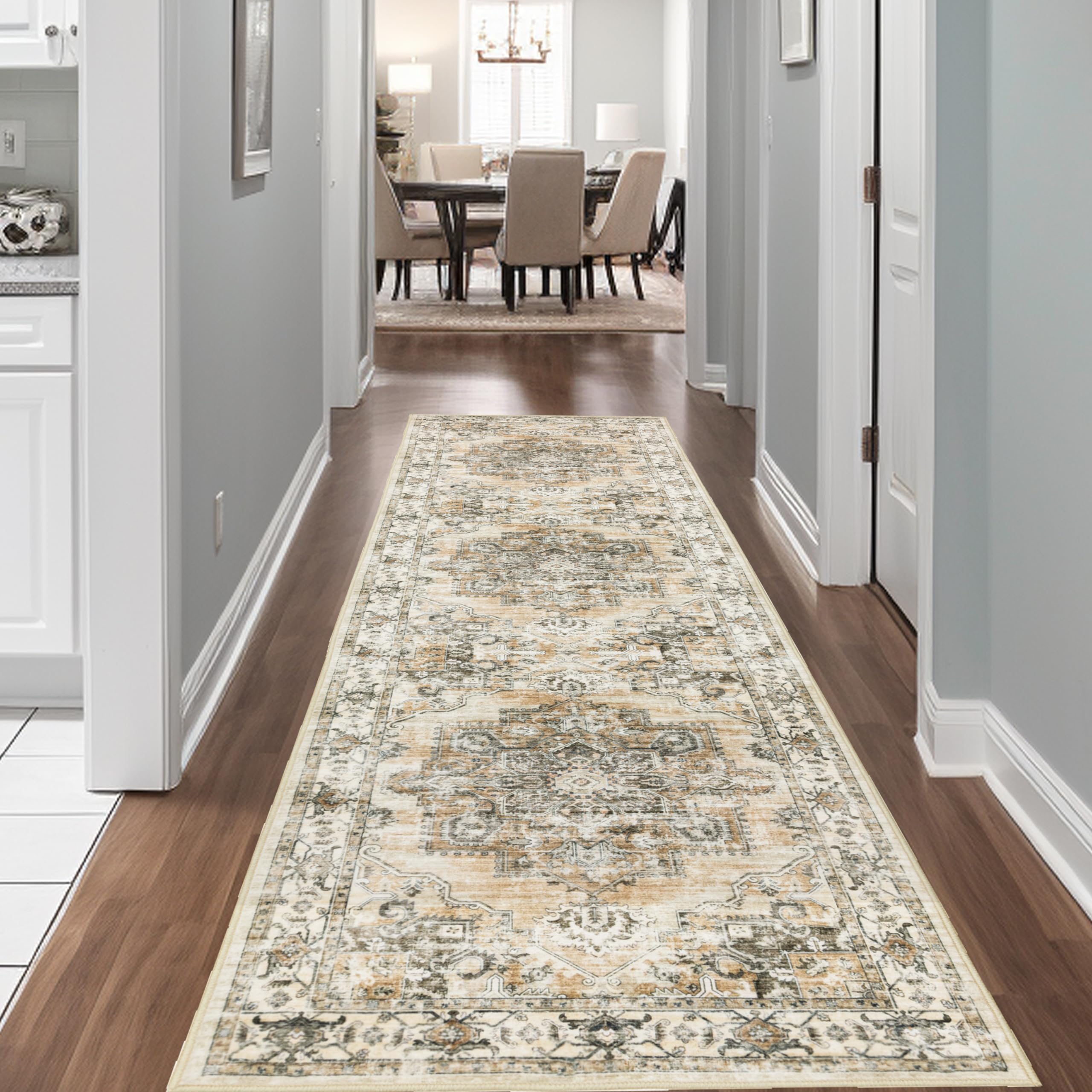 ManzunLiving Runner Rug 2x12, Farmhouse Hallway Runner Rug Non Slip,Kitchen Runner Rug,Washable Runner Rug for Entryway Indoor,Neutral Brown Vintage Bedroom Runner Rug