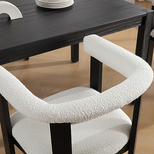 Wahson Set of 4 Mid Century Modern Upholstered Barrel Dining Chairs, Farmhouse Accent Dining Kitchen Chair with Boucle/Sherpa Upholstery and Black Wood Legs, White