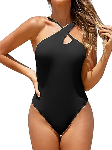 CUPSHE One Piece Swimsuit for Women Asymmetrical Bathing Suit Adjustable Straps Cutout, M Black