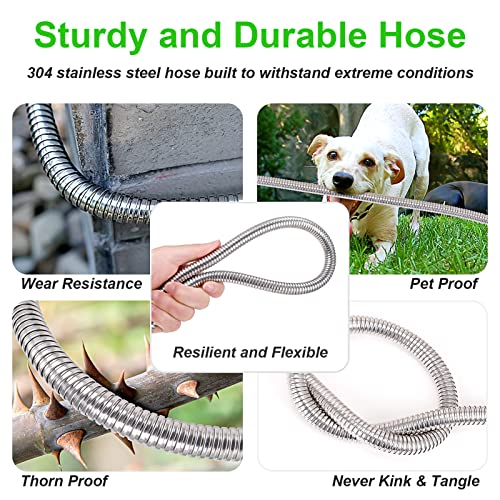 AMLEGEN Metal Water Garden Hose 50ft - Heavy Duty Stainless Steel, 8-Function Sprayer & Adjustable Nozzle, Lightweight & Flexible, Tangle Free & Kink Free, Dog Proof, for Lawn/Yard/Outdoor/RV