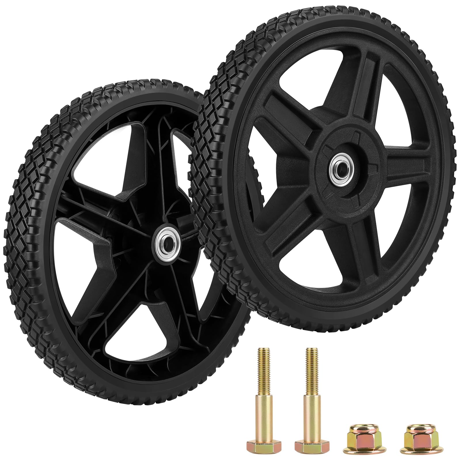 Midcos 12'' Lawn Mower Wheels, Push Mower Plastic Wheels, Set of 2 Wheels Kit for Push Mowers Includes Bolts, Nuts fits Craftsman Mower, Generator, Garden Tiller Most Standard Lawn Mowers (12×1.75'')