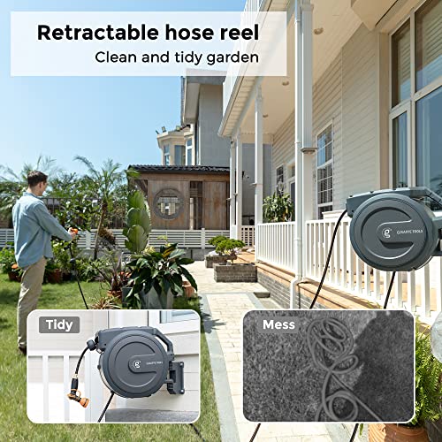 Giraffe Tools AW30 Garden Hose Reel Retractable 100ft x 1/2" with 9 Pattern Nozzle Wall Mounted Auto Rewind Hose Reel, 100ft, Dark Grey