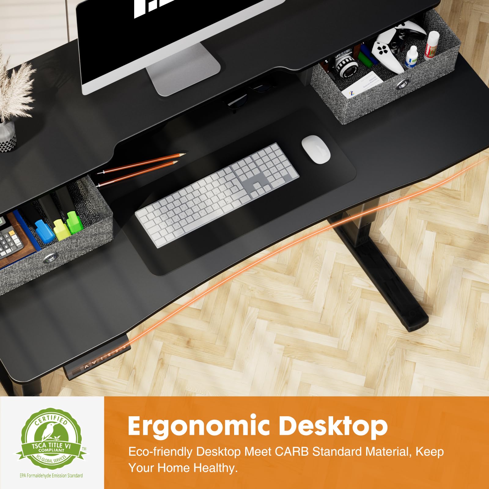 Sweetcrispy Height Adjustable Electric Standing Desk with Storage Shelf Double Drawer, 40 x 24 Inch Stand up Desk, Sit Stand Desk with Splice Board