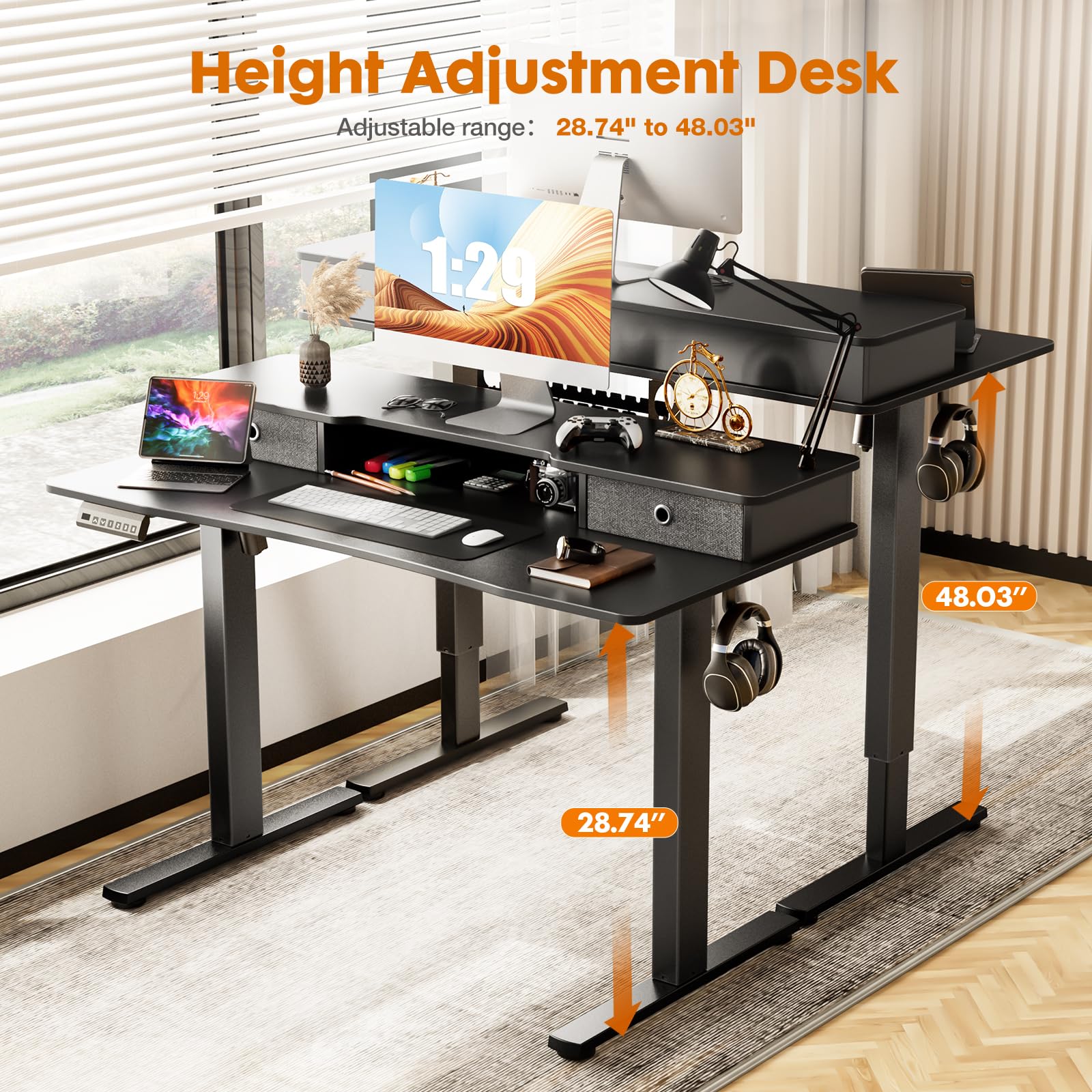 Sweetcrispy Height Adjustable Electric Standing Desk with Storage Shelf Double Drawer, 40 x 24 Inch Stand up Desk, Sit Stand Desk with Splice Board