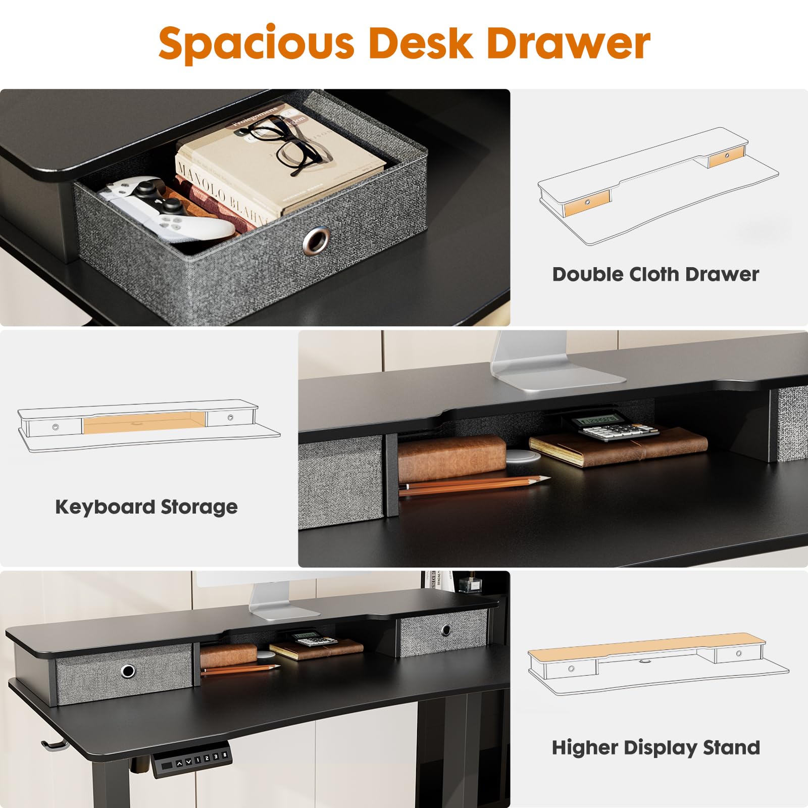 Sweetcrispy Height Adjustable Electric Standing Desk with Storage Shelf Double Drawer, 40 x 24 Inch Stand up Desk, Sit Stand Desk with Splice Board