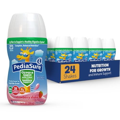 PediaSure Grow & Gain with Fiber, 3g Fiber to Support a Healthy Digestive System, Nutrients for Immune Support, Kids Nutritional Shake, DHA Omega-3, Non-GMO, Strawberry, 7.4 fl oz (Pack of 24)