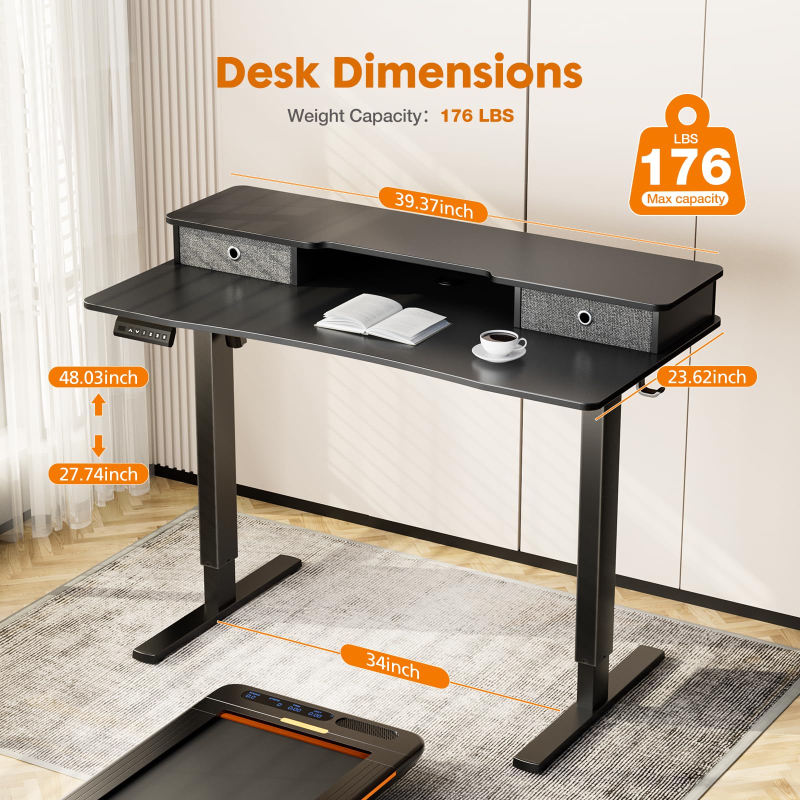 Sweetcrispy Height Adjustable Electric Standing Desk with Storage Shelf Double Drawer, 40 x 24 Inch Stand up Desk, Sit Stand Desk with Splice Board