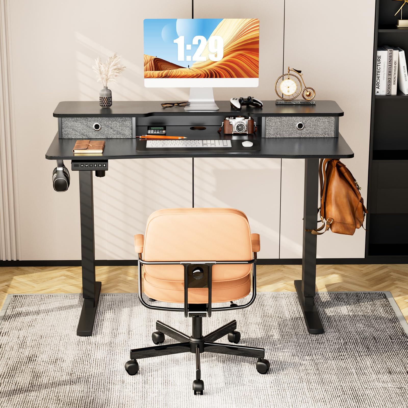 Sweetcrispy Height Adjustable Electric Standing Desk with Storage Shelf Double Drawer, 40 x 24 Inch Stand up Desk, Sit Stand Desk with Splice Board