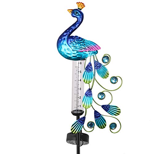 Rakumi Rain Gauge Outdoor Yard Decor Peacock Solar Light, RGB Color Changing Waterproof Rain Gauge 6 Inch Capacity with Rainfall Measure Glass Tube for Outdoor Lawn Pathway Yard Decoration