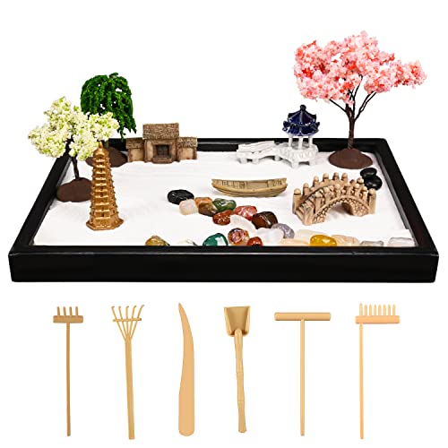 Yoquare Mini Zen Garden Kit - 10" x 7" Upgraded Zen Garden for Desk with 18 Accessories Sand Garden Decoration Included Sand Tray,Zen Garden Rake,Trees,Pagoda,Bridge,Pavilion,Boat Zen Gifts Women