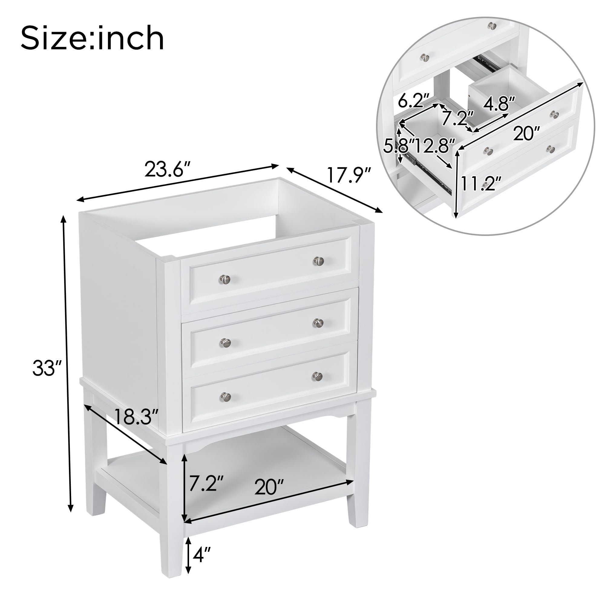 LZ LEISURE ZONE 24" Bathroom Vanity Without Sink, Base Only, Solid Wood Frame, Bathroom Storage Cabinet with Drawer and Open Shelf, White