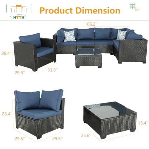 HTTH 7 Pieces Patio Furniture Sets Outdoor Rattan Wicker Conversation Sofa Garden Sectional Sets with Coffee Table for Porch Garden Poolside Backyard (Navy Blue)
