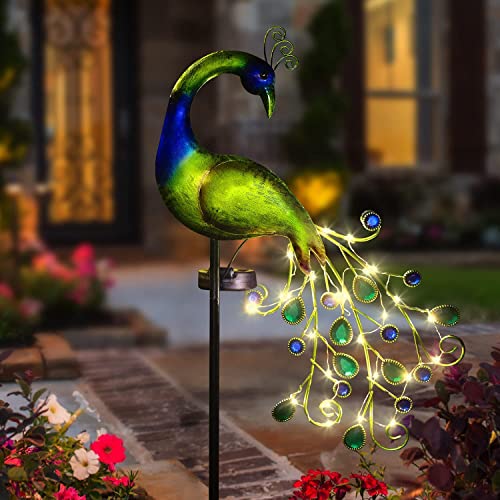 Solar Garden Lights Metal Peacock Garden Decor Waterproof Peacock Solar Stake Lights Decorative for Outdoor Patio Lawn Porch Yard Decorations Peacock Gardening Gifts for Mom Grandma Women Birthday