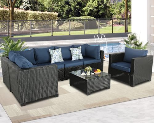 HTTH 7 Pieces Patio Furniture Sets Outdoor Rattan Wicker Conversation Sofa Garden Sectional Sets with Coffee Table for Porch Garden Poolside Backyard (Navy Blue)