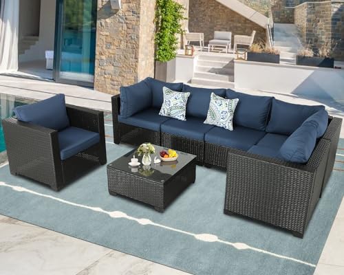 HTTH 7 Pieces Patio Furniture Sets Outdoor Rattan Wicker Conversation Sofa Garden Sectional Sets with Coffee Table for Porch Garden Poolside Backyard (Navy Blue)