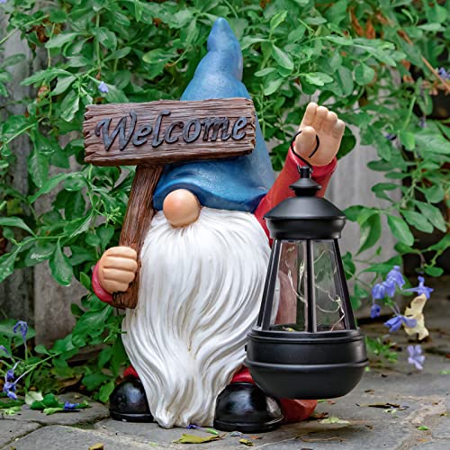 WONDHOME Garden Gnome Statue with Shovel Solar Gnomes Statue with Lantern LED Outdoor Decor Lights,Terrace Courtyard Lawn Patio Porch Decoration Christmas Housewarming Gift