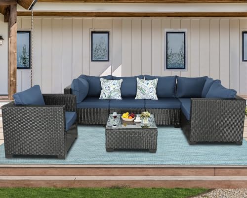 HTTH 7 Pieces Patio Furniture Sets Outdoor Rattan Wicker Conversation Sofa Garden Sectional Sets with Coffee Table for Porch Garden Poolside Backyard (Navy Blue)