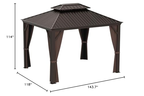 ZEPYARD 10x12 FT Hardtop Gazebo, Metal Outdoor Gazebo with Netting and Curtains, Double Galvanized Steel Roof, Patio Hard Top Gazebo for Backyard, Deck, Poolside (Dark Brown)