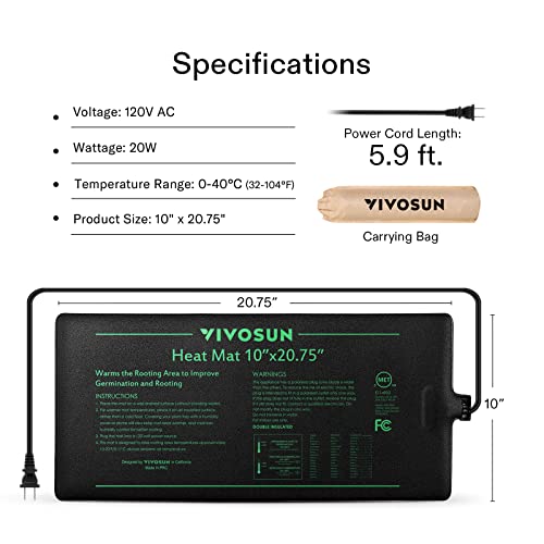 VIVOSUN Durable Waterproof Seedling Heat Mat Warm Hydroponic Heating Pad 10" x 20.75" MET Standard