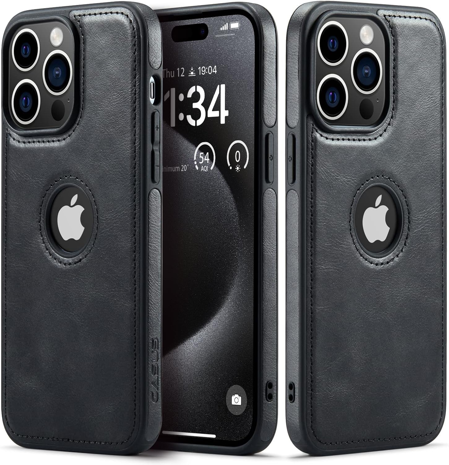 Casus Designed for iPhone 15 Pro Max Case Vegan Leather Slim Logo View Classic Luxury Elegant Thin Protective Cover (2023) 6.7" (Black)