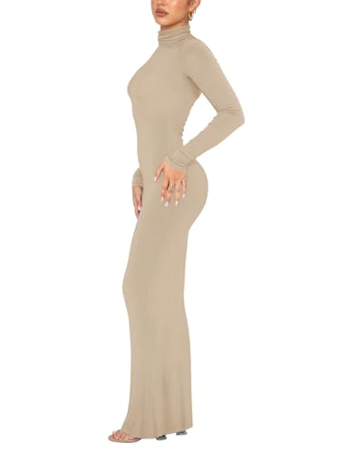 REORIA Women's Sexy Casual Mock Turtleneck Long Sleeve Elegant Long Dress Fall Wedding Guest Tight Ribbed Lounge Bodycon Maxi Dresses Khaki Medium