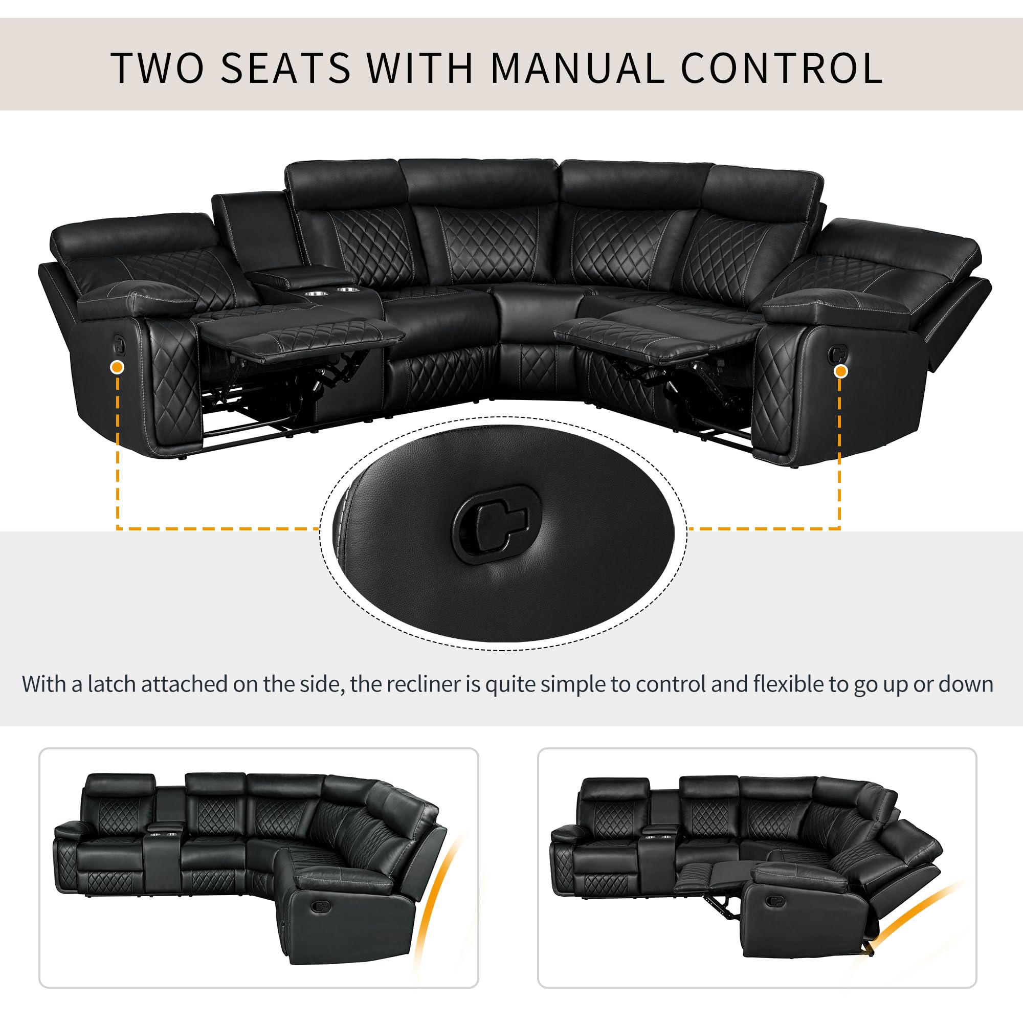 Modern Manual Reclining Motion Sectional Sofa ,5 Seaters Corner PU Leather Upholstered Recliner Sofa & Couch Curved L-Shaped Couch W/ Console Storage and 2 Cup Holders for Living Room Furniture Sets