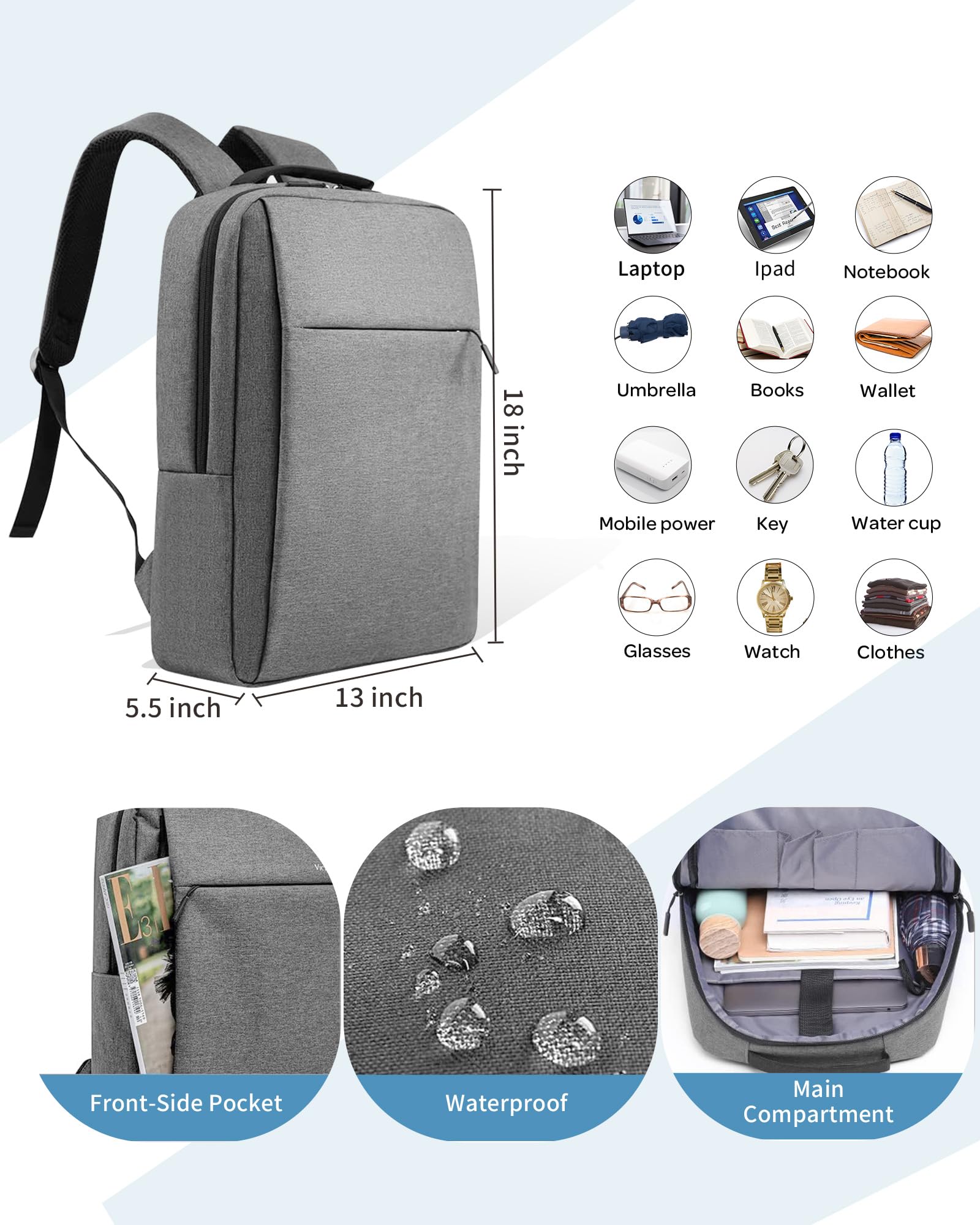 SUOKOMR Laptop Backpack for Men,Business Slim Backpack with USB Charger Lightweight Durable Travel Backpacks Mens Backpacks Water Resistant Laptop Bag for Work Office College(Grey)
