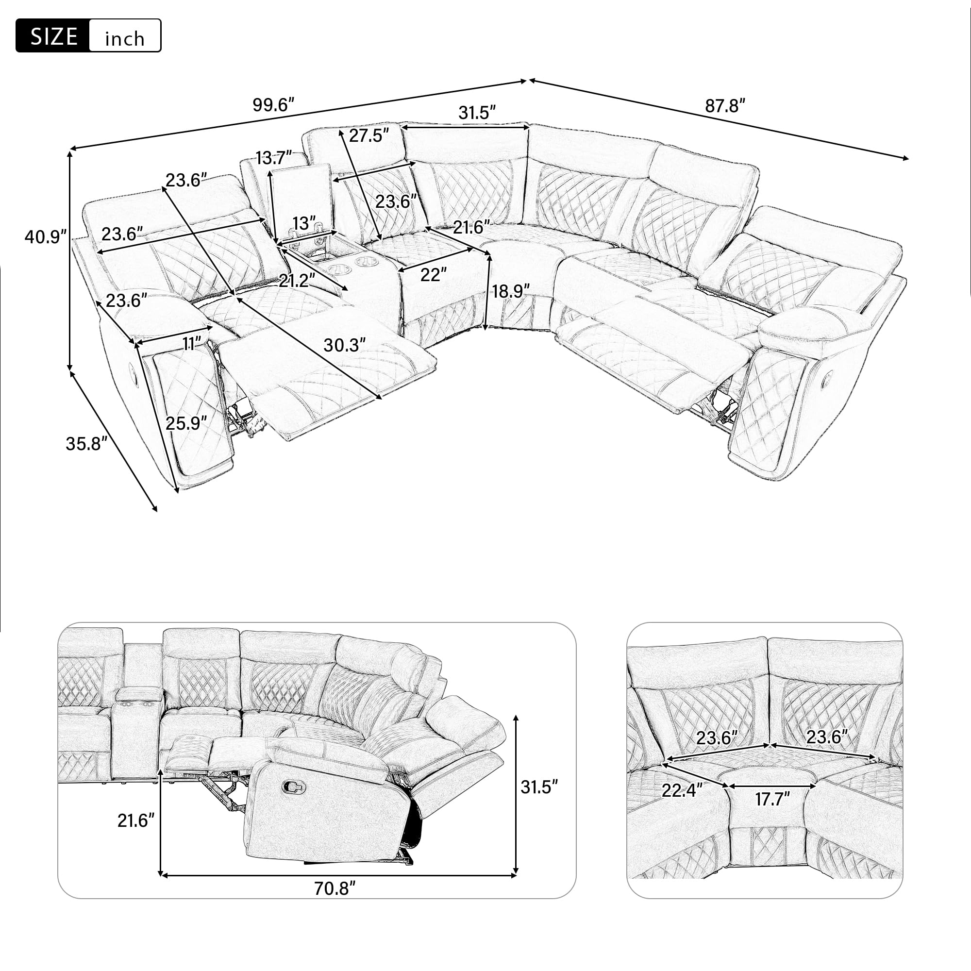 Modern Manual Reclining Motion Sectional Sofa ,5 Seaters Corner PU Leather Upholstered Recliner Sofa & Couch Curved L-Shaped Couch W/ Console Storage and 2 Cup Holders for Living Room Furniture Sets