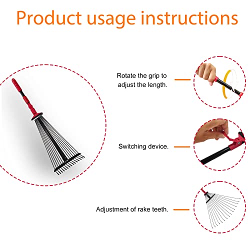HXBYX 64 Inch Garden Leaf Rake, 15 Metal Tines, Adjustable Handle and Rake Tooth Spacing, Yard Leaf Rake for Picking up Leaves, Grass Clippings, Shrubs, Garbage and More