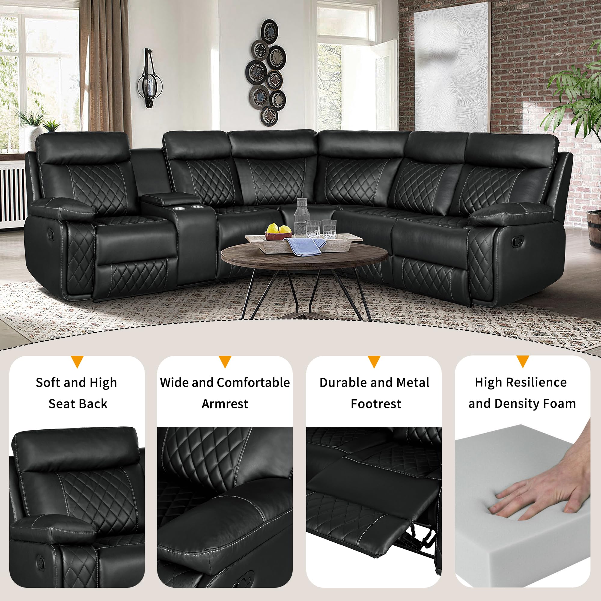 Modern Manual Reclining Motion Sectional Sofa ,5 Seaters Corner PU Leather Upholstered Recliner Sofa & Couch Curved L-Shaped Couch W/ Console Storage and 2 Cup Holders for Living Room Furniture Sets