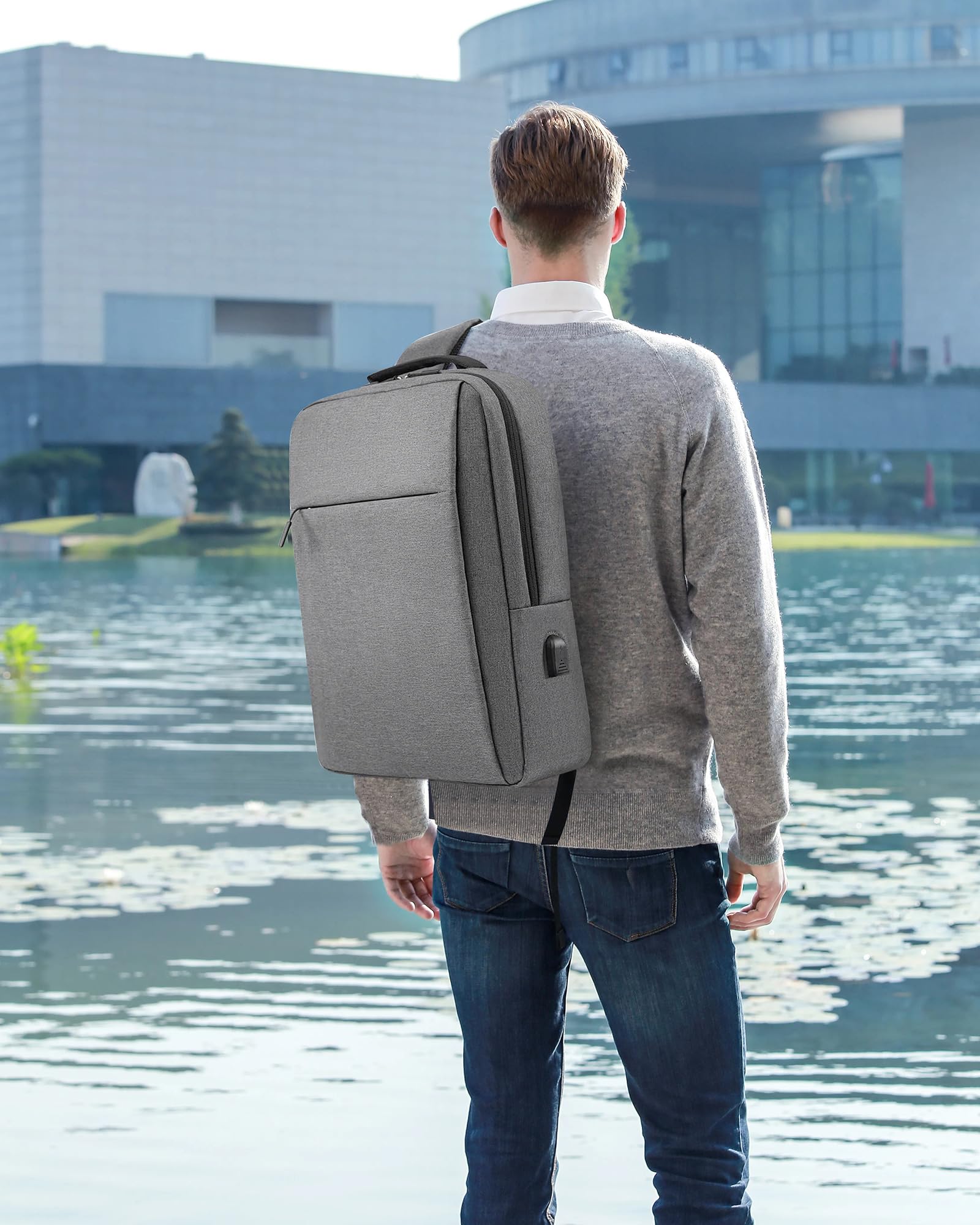 SUOKOMR Laptop Backpack for Men,Business Slim Backpack with USB Charger Lightweight Durable Travel Backpacks Mens Backpacks Water Resistant Laptop Bag for Work Office College(Grey)