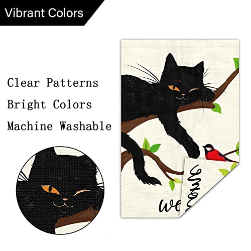 Welcome Spring Garden Flag 12x18 Double Sided, Burlap Small Black Cat Garden Yard Flags for Seasonal Outside Outdoor House Decoration (Only Flag)