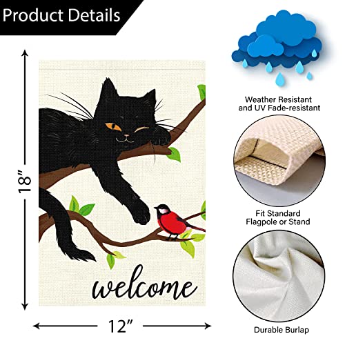 Welcome Spring Garden Flag 12x18 Double Sided, Burlap Small Black Cat Garden Yard Flags for Seasonal Outside Outdoor House Decoration (Only Flag)