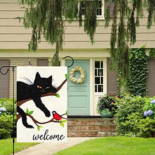 Welcome Spring Garden Flag 12x18 Double Sided, Burlap Small Black Cat Garden Yard Flags for Seasonal Outside Outdoor House Decoration (Only Flag)